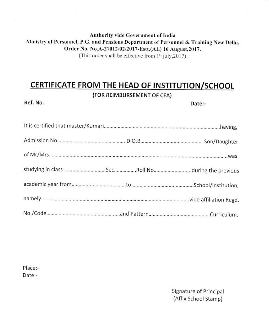 Children Education Allowance Format Of Certificate From School